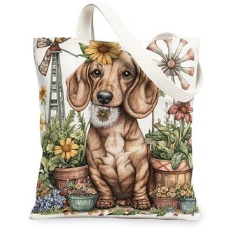 Generic Sac fourre-tout r&eacute;utilisable en toile pour le shopping Motif teckel printanier 33 x 38,1 cm, sac d&eacute;picerie r&eacute;utilisable pour femme, ferme, animal de c