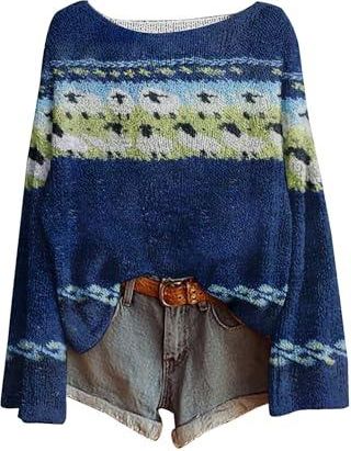 Generic Pull pour femme - Imprim&eacute; artistique - Col rond - Pull tricot&eacute; &agrave; manches longues - Coupe ample - L&eacute;ger - Doux - Extensible - Confortable - Chemisier d