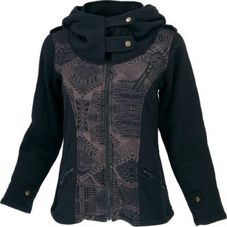 Guru Shop Goa Festival Jacke Print, Jacke mit Weiter Kapuze - Schwarz/braun, Damen, Baumwolle, Size:M