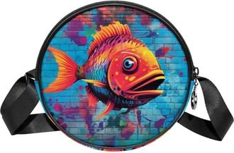 Generic Sac &agrave; bandouli&egrave;re rond pour femme, motif graffiti poisson, petit sac &agrave; bandouli&egrave;re avec fermeture &eacute;clair, bretelles r&eacute;glables, sac &agrave; main rond d&eacute;contr