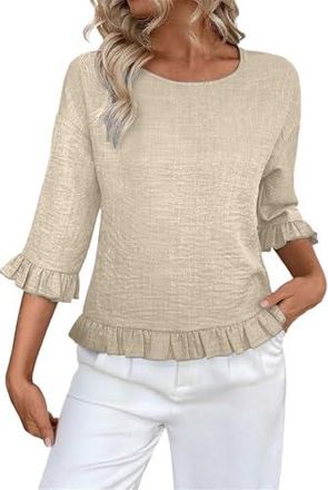 Generic Haut &agrave; manches 3 quarts en lin pour femme, chemisiers d&eacute;contract&eacute;s &agrave; col rond, chemises &agrave; &eacute;paules tombantes de couleur pure, haut tendance &agrave; ourlet &agrave; 