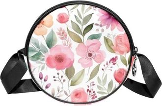 Generic Petit sac &agrave; bandouli&egrave;re circulaire pour femme, motif feuilles florales, sac &agrave; dos avec fermeture &eacute;clair, bretelles r&eacute;glables, sac &agrave; main rond d&eacute;contra