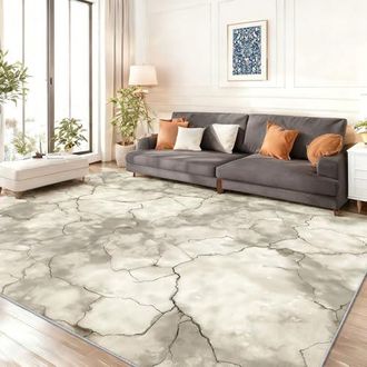 Generic Tapis de Salon 140 x 200 cm, Beige Tapis Lavable &agrave; Poils Courts antid&eacute;rapant Doux, Motif Shabby Chic Art D&eacute;co Marbre, pour Chambre denfant Bureau Sall