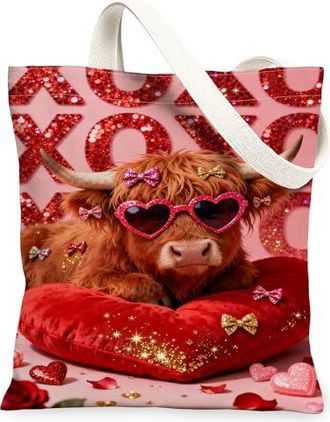 Generic Sacs fourre-tout en toile avec motif animal mignon, motif vache ludique, sacs d&eacute;picerie, sacs d&eacute;picerie r&eacute;utilisables, l&eacute;gers et lavables avec bandoul