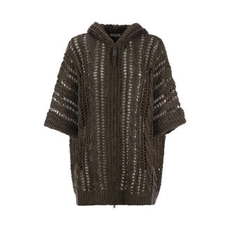 Brunello Cucinelli Homme, Sweatshirts et sweats &agrave; capuche, Brun, Taille: XS Cable & Mesh Cardigan