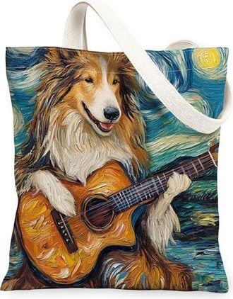Generic Rough Collie Sac fourre-tout en toile pour faire du shopping 33 x 38,1 cm, motif guitare &eacute;toil&eacute;e, sac &agrave; bandouli&egrave;re r&eacute;utilisable pour femme, animal de