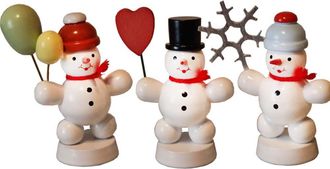 Rudolphs Schatzkiste Miniaturfigur Schneem&auml;nner mit Luftballon Herz und Stern H&ouml;he 5,5cm NEU Figuren Haus Baum Figur Kirche Erzgebirge Holz Seiffen Weihnachten Spielzeug D