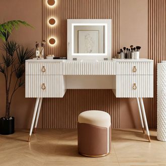 Generic Schminktisch mit einstellbarem LED-Spiegel und vergoldetem Zubehör, weißer Tisch mit 4 Schubladen, Mehreren Stauräumen und universeller Schreibtischfu