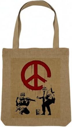Fabulous Sac Shopping Tote Bag Aspect Lin - Banksy Soldat Signe Paix Peinture Street Art Graffiti - Sac de Courses Toile Epaisse 360g Beige Naturel Cabas Port&eacute;