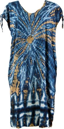 Guru Shop Boho Kaftan, Langes Kurzarm Batikkleid, Maxikleid, Strandkleid, Sommerkleid in &Uuml;bergr&ouml;&szlig;e - Blau, Damen, Synthetisch