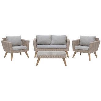 Beliani Salon de Terrasse Jardin 4 Places Table Basse Canap&eacute; et 2 Fauteuils Rotin Marron avec Coussins Gris Clair Mati&egrave;res Durables et Design Moderne Beliani