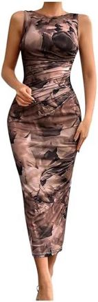 Generic Robes amincissantes 2026 pour dames, tendance, d&eacute;contract&eacute;e, coupe ajust&eacute;e, sans manches, fente et col haut, marron, XL