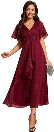 Ever-pretty Robe dInvité de Mariage Femme Longueur Manches Volantées Ceinture Col V Taille Empire A Line Brillante Robe de Demoiselle dhonneur Classique Bordeaux 
