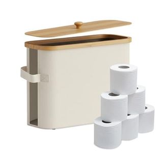 Relaxdays Toilettenpapier Aufbewahrung, 12 Rollen, HxBxT: 33 x 45 x 16 cm, Stoff, Bambus, Klopapier Korb, Vorrat, beige