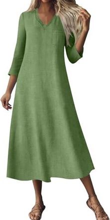 Generic Robe longue en lin pour femme - Col en V - Manches 3/4 - Solide - Longue robe d&eacute;t&eacute; - Tenue de vacances pour la plage et les voyages, Vert, XXL