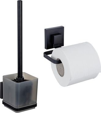 WENKO Badezimmer-Set Mod. Vacuum-Loc Quadro WC-Garnitur Toilettenpapierhalter Wandbefestigung ohne Bohren Edelstahl schwarz 9,5 x 37 x 12,5 cm