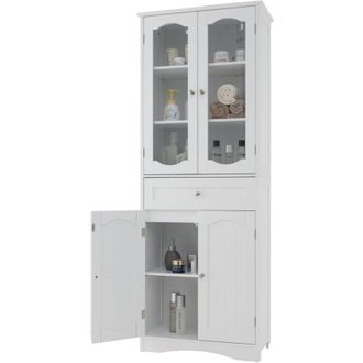 Costway Costway - Armoire de Rangement de 160 cm de Haut, 2 Portes en Verre Transparent, 2 Etag&egrave;res R&eacute;glables, 1 Tiroir, Autoportante, pour Salle de Bain