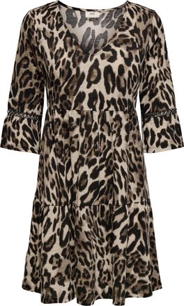 Jacqueline de Yong JdY Damen Tunika Kleid mit V-Ausschnitt, Rüschenärmeln und Ikat-Muster, Farben:Braun, Größe:XS