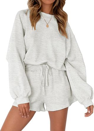 Merokeety Damen Oversized Batwing Sleeve Lounge Sets Casual Top und Shorts 2 Piece Outfits Sweatsuit, Lightgrey, S