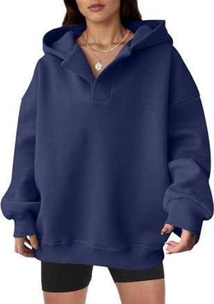 Generic Sweat &agrave; capuche surdimensionn&eacute; pour femme, col en V, polaire, manches longues, parfait pour lautomne et lhiver, bleu marine, XXL