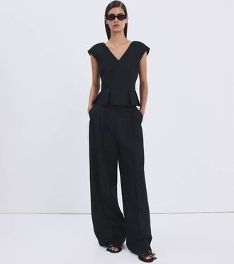 Mango Top p&eacute;plum lin bleu marine - Femme - XS - MANGO