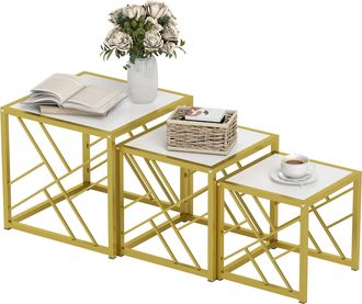 HOMCOM Nesting Couchtische, Set mit 3 quadratischen Beistelltischen mit schwarzem Metallrahmen, f&uuml;r Wohnzimmer, Schlafzimmer und B&uuml;ro, Wei&szlig;