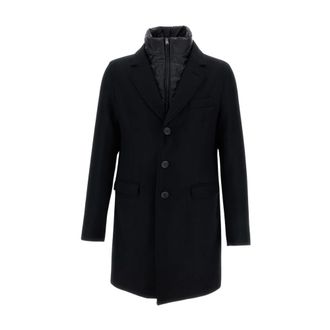 Herno Manteau droit en serg&eacute; de laine vierge bicolore avec plastron amovible ultral&eacute;ger - Homme - Manteaux - Noir - Taille: L