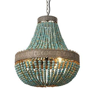 Newrays Lustre &agrave; perles en bois pendentif gris bleu finition boh&eacute;mienne Boho Beachy plafonnier lampe luminaire