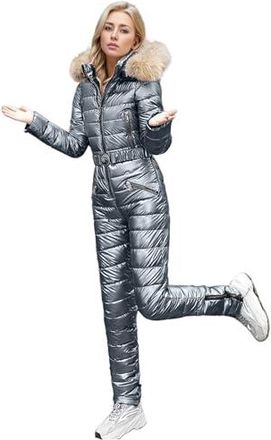 Generic Combinaison de ski dhiver ajust&eacute;e et &eacute;paisse avec grand col rembourr&eacute; pour femme, Argent&eacute;., XXL