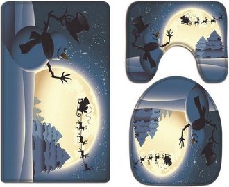 A.Monamour Badezimmer Badematte 3 Teilig Set Schneemann Kiefer Baum Santa Claus Reiten Die Schlitten Mond Kissen Flanell Saugf&auml;hig Badteppiche Badvorleger Badgar