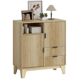 HOMCOM Buffet Salon, Meuble de Rangement avec 2 Portes cannelé à Fermeture amortie, 2 tiroirs, étagère réglable et Compartiment Ouvert, Buffet Salle à Manger