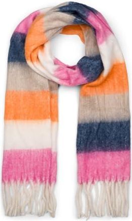 styleBREAKER Écharpe femme en maille tissée à larges rayures colorées et franges épaisses - Écharpe chaude dhiver, multicolore 01017160, couleur:Rose-Blanc-Orange-