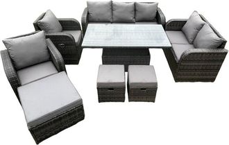 Fimous Wicker pe Rattan Outdoor Gartenm&ouml;bel Sets H&ouml;henverstellbarer aufsteigender Esstisch Liegestuhl Sofa Set mit 3 Fu&szlig;hockern Dunkelgrau gemischt - Fimous