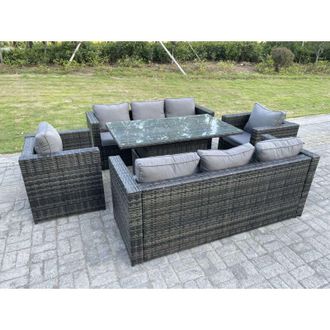Fimous 8 places osier rotin mobilier de jardin Table montante set gris foncé mixte - Fimous