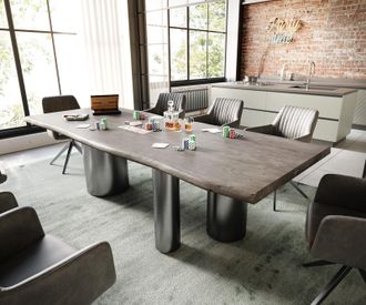 DELIFE Esstisch Edge 260x100 Akazie Platin Troa Edelstahl Graphit Live-Edge, Esstische, Baumkantenm&ouml;bel, Massivholzm&ouml;bel, Massivholz