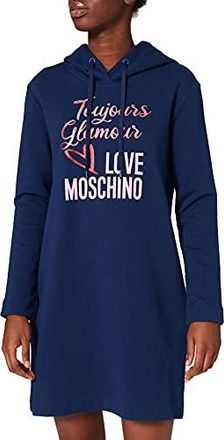 Love Moschino Regular fit Long Sleeved Dress with Adjustable Drawstring Hood and Stitched Hemline Robe décontractée, Bleu, 38 Femme