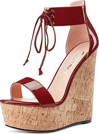 Castamere Femmes Haut High Compensé Plate-forme Talon Heel Ouvert Bout Lanières Cheville Dentelle Sandales Clear Dress 15 CM Heels Bourgogne Rouge 39 EU