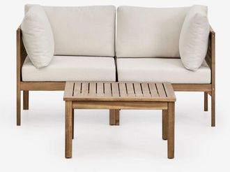 Sklum Wohnzimmerset mit 2-teiliger modularer Sofagarnitur mit Armlehnen und Couchtisch aus Akazienholz Branson Gardenia Wei&szlig; Akazie Braun