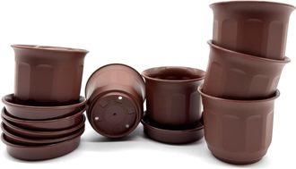 Kimmel 6 St&uuml;ck Blumentopf 6 cm Pflanztopf mini mit Untersetzer Aufzuchtt&ouml;pfe Kakteentopf Sukkulenten aus Kunststoff, Farbe braun