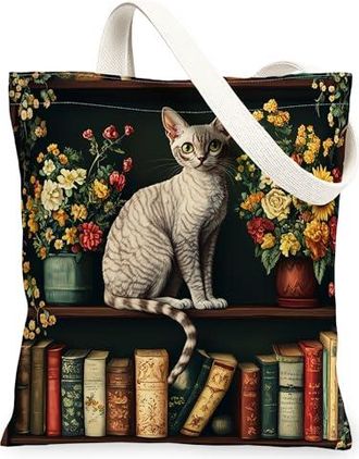 Generic Spring Devon Sac fourre-tout en toile r&eacute;utilisable avec motif chat Rex 33 x 38 cm, motif floral, biblioth&egrave;que, chaton, pour femme, animal de compagnie