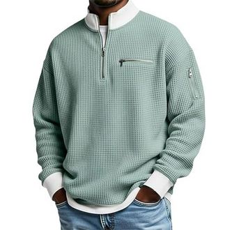 Generic Sweat &agrave; fermeture &eacute;clair contrast&eacute;e pour homme, style d&eacute;contract&eacute; et d&eacute;contract&eacute;, demi-fermeture &eacute;clair gaufr&eacute;e pour homme, mode dautomne, Vert, 5XL