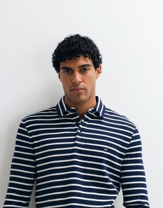 Tommy Hilfiger Polo gaufr&eacute; &agrave; manches longues et rayures - Bleu marine