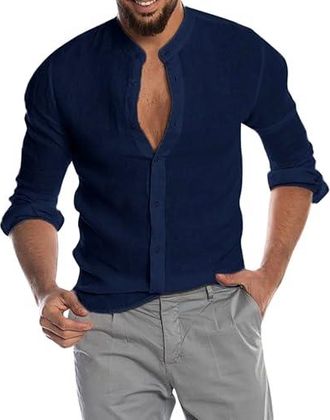Generic Chemise en lin blanc pour homme, chemise en lin, chemises &agrave; manches longues, chemises blanches, coupe droite, t-shirt noir, col en V, hauts d&eacute;contract