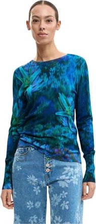 Desigual Femme, Pulls, Bleu, Taille: 42 FR Maille Florale &agrave; Manches Longues et Col Rond