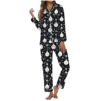 Generic Ensemble de pyjama de No&euml;l pour femme avec poche boutonn&eacute;e et manches longues, Noir, XXL