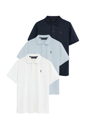 Polo Club Dreierpack Herren-Poloshirts hellblau, marineblau und wei&szlig; mit kurzen &Auml;rmeln und gesticktem Rigby Go Logo