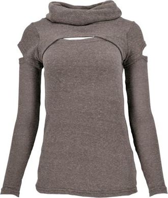 Guru Shop Psytrance T-shirt &agrave; manches longues en maille fine avec &eacute;paules ouvertes et col roul&eacute; pour femme en coton, cappuccino, 38