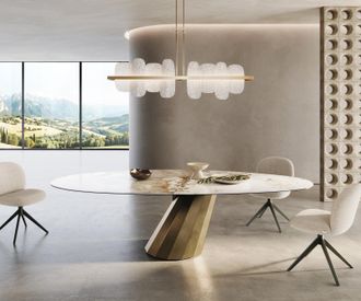 DELIFE Esstisch Edge Oval 280x130 Keramik Minas Melange Wei&szlig;-Beige Parabel Metallic Gold, Esstische