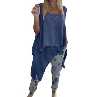 Generic Ensemble de v&ecirc;tements de sport d&eacute;t&eacute; d&eacute;contract&eacute;s en lin pour femme - Grande taille - Tenue 2 pi&egrave;ces tendance - Chemise &agrave; manches mi-longues et pantalo