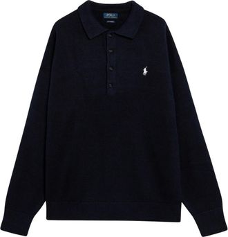Polo Ralph Lauren Pull en maille &agrave; col polo et patte boutonn&eacute;e 4 boutons avec drapeau fantaisie - Homme - Tops - Bleu - Taille: L